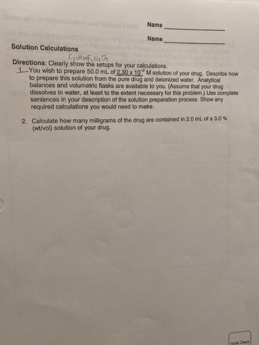 Solved Name Name Solution Calculations - C33H34 F Nz Os | Chegg.com