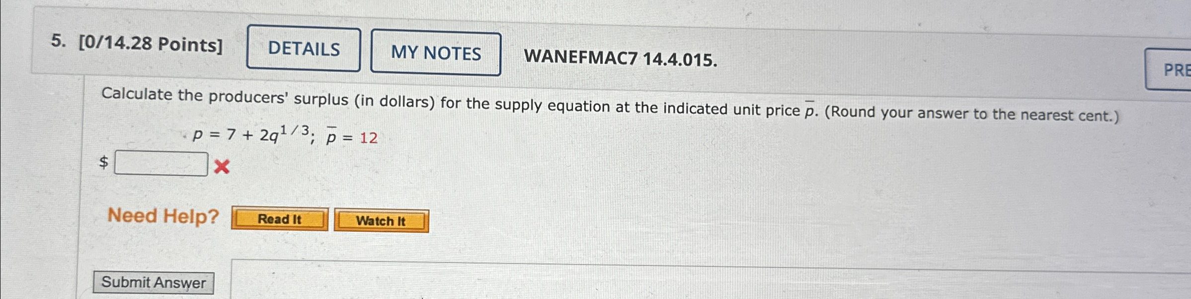 Solved [0/14.28 ﻿Points]WANEFMAC7 14.4.015.Calculate the | Chegg.com