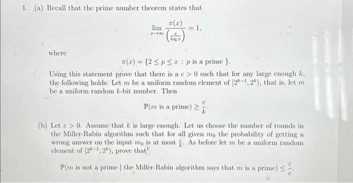 Solved 1. (a) Recall that the prime number theorem states | Chegg.com