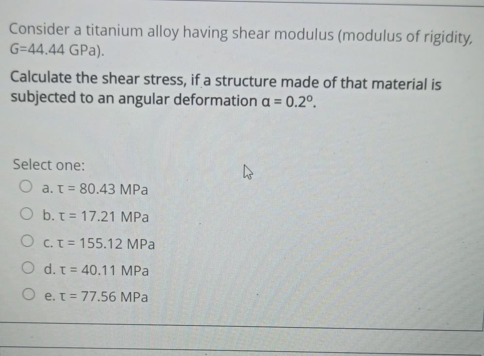 Solved Consider a titanium alloy having shear modulus | Chegg.com