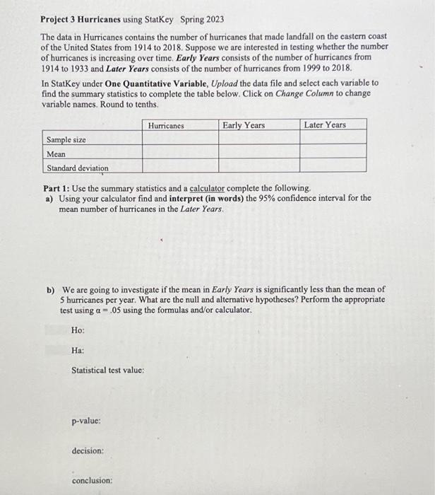 Solved Project 3 Hurricanes using StatKey Spring 2023 The | Chegg.com