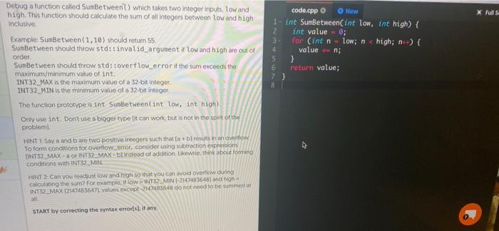 Solved X Full S. Debug a function called SumBetween() wnich | Chegg.com