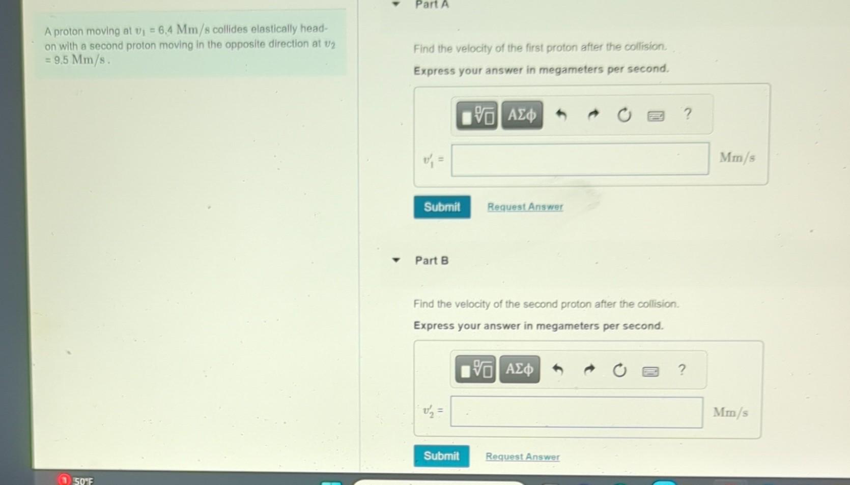 Solved A proton moving at v1=6.4Mm/s collides elastically | Chegg.com