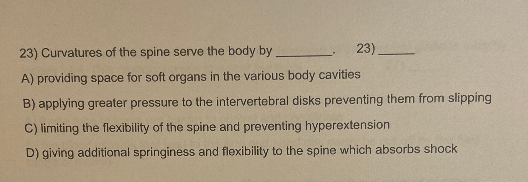 Solved Curvatures of the spine serve the body by 23) A) | Chegg.com