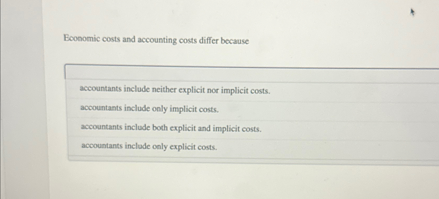 Solved Economic costs and accounting costs differ | Chegg.com