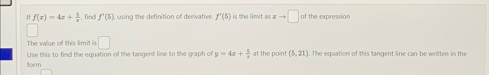 Solved If f(x)=4x+5x, ﻿find f'(5), ﻿using the definition of | Chegg.com