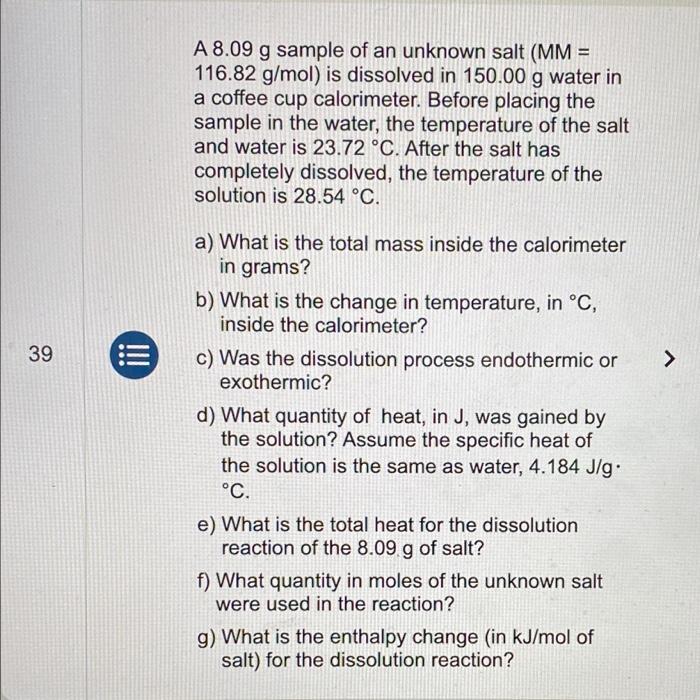 Solved A 8.09 g sample of an unknown salt (MM = 116.82 g/mol | Chegg.com