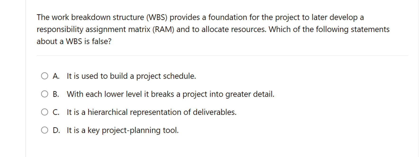 Solved The work breakdown structure (WBS) ﻿provides a | Chegg.com