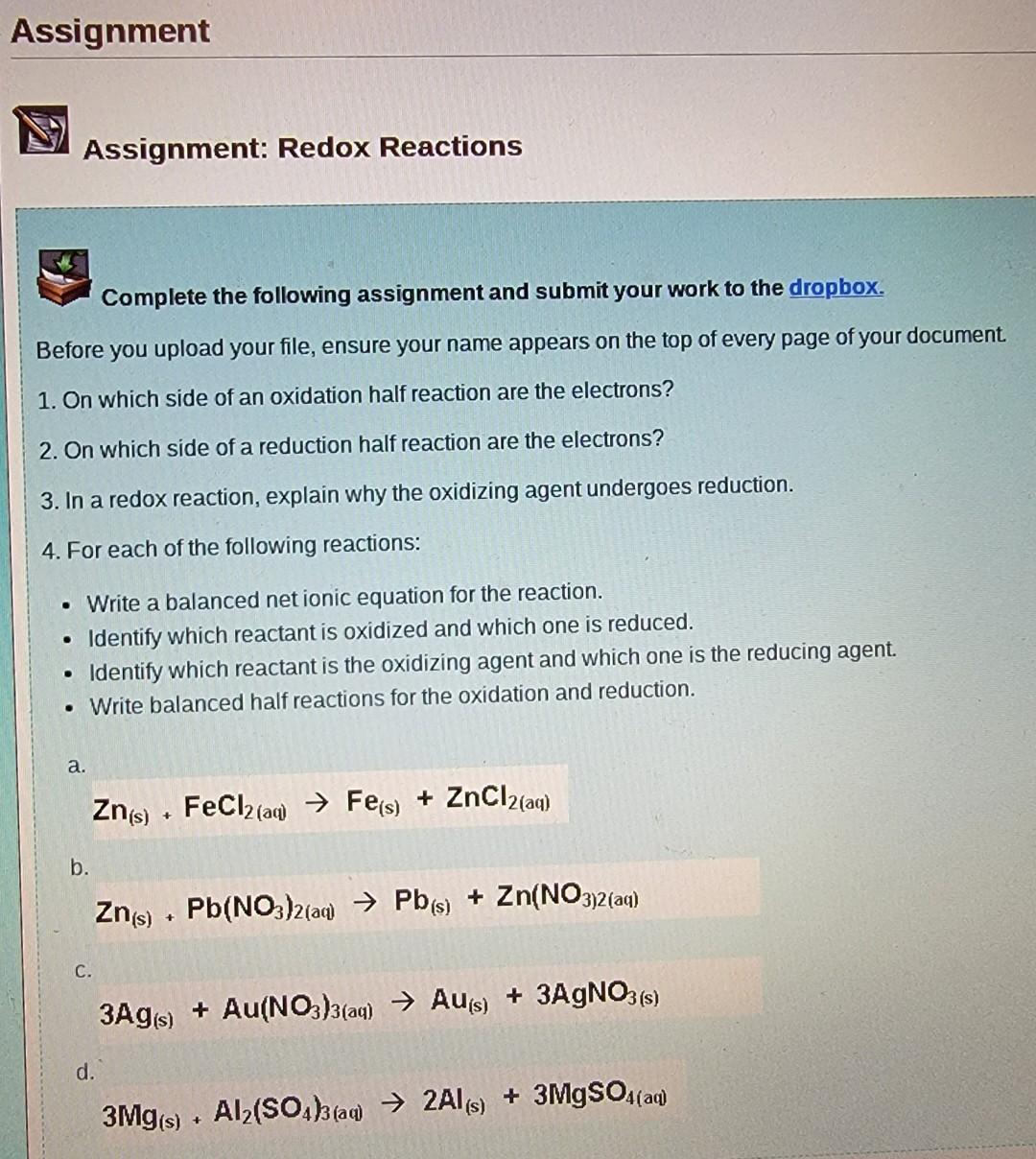 Solved Assignment Assignment: Redox Reactions Complete the | Chegg.com