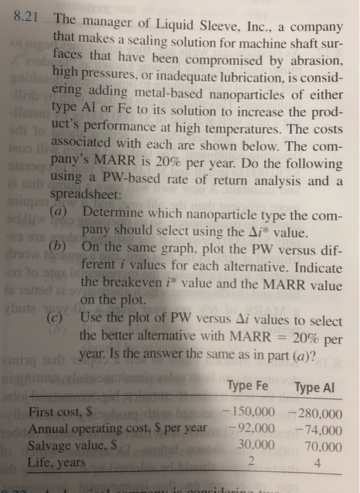 Solved 8.21 The manager of Liquid Sleeve, Inc., a company | Chegg.com