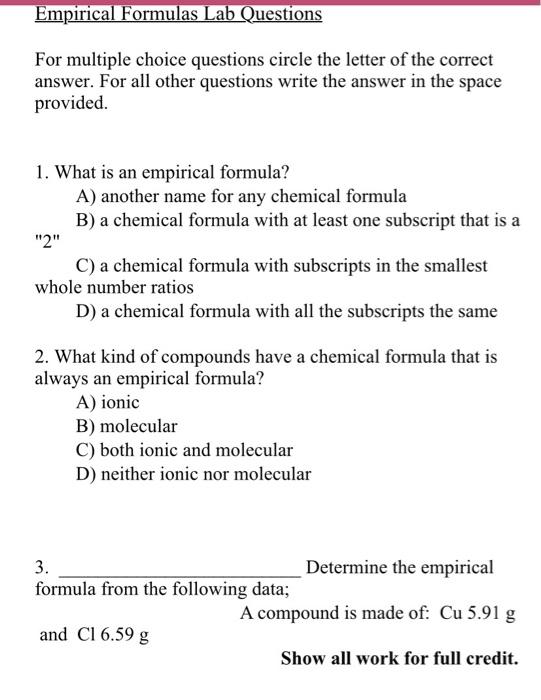Solved Empirical Formulas Lab Questions For multiple choice | Chegg.com