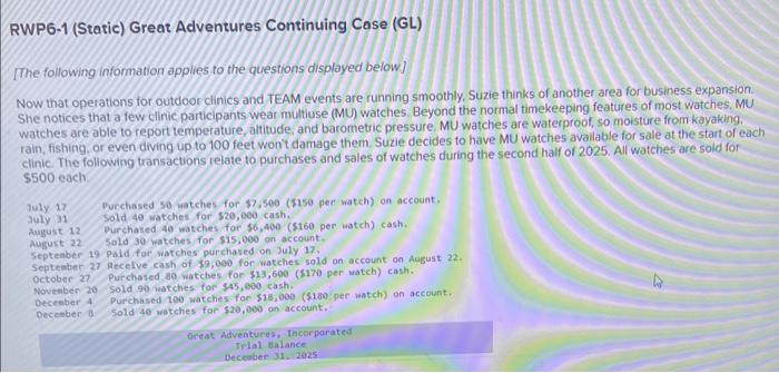 Solved RWP6-1 (Static) Great Adventures Continuing Case (GL) | Chegg.com