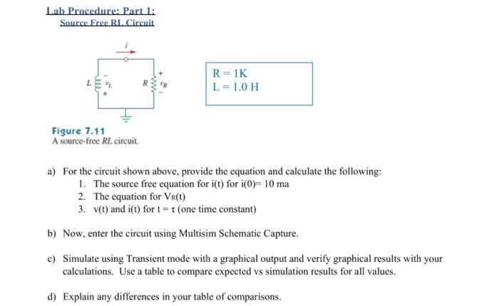 Solved Lah Procedure: Part 1: Source Free RL. Circuit Figure | Chegg.com