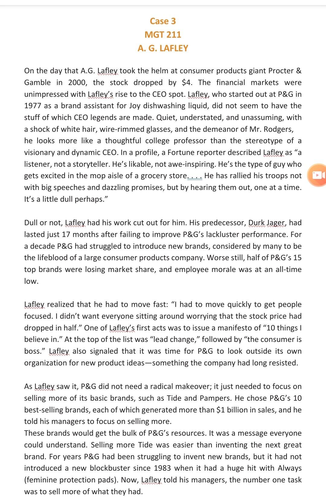 Solved Case 3 MGT 211 A. G. LAFLEY On the day that A.G. | Chegg.com