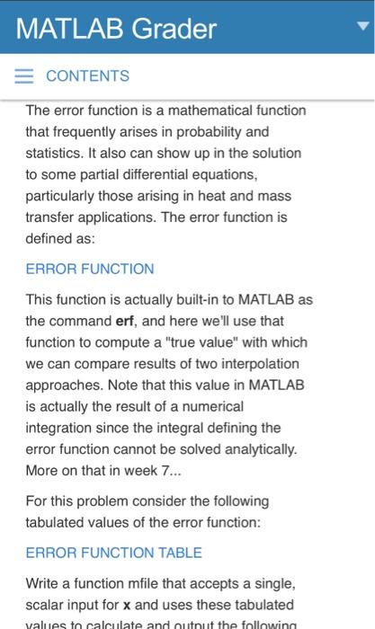 Solved MATLAB Grader = CONTENTS The error function is a | Chegg.com