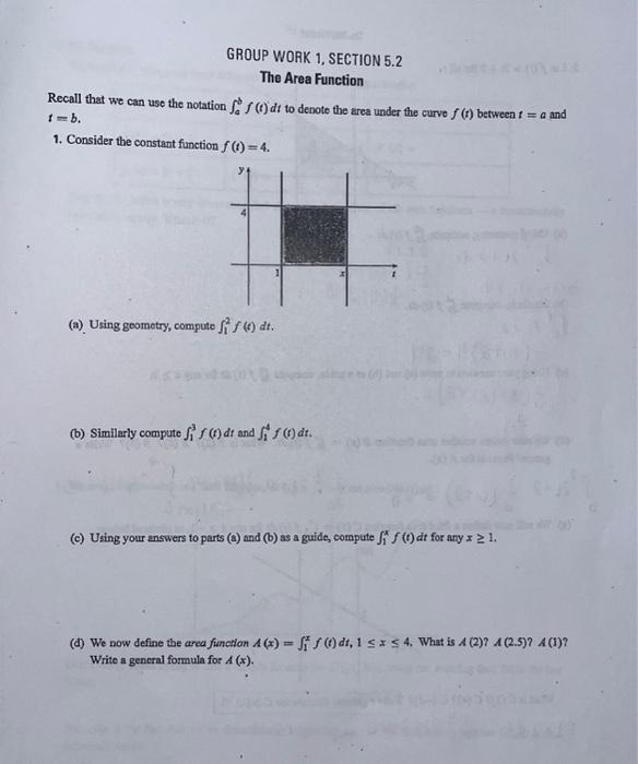 Solved The Area Function Recall that we can use the notation | Chegg.com