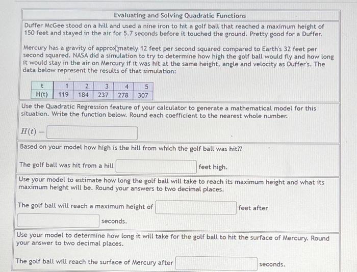 Solved Evaluating and Solving Quadratic Functions Duffer | Chegg.com