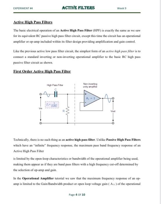 Solved EXPERIMENT #4 ACTIVE FILTERS Week 9 Active Filters | Chegg.com