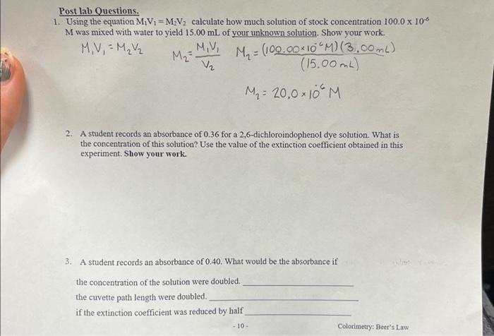 Solved Post lab Questions. Using the equation M1 V1=M2 V2 | Chegg.com