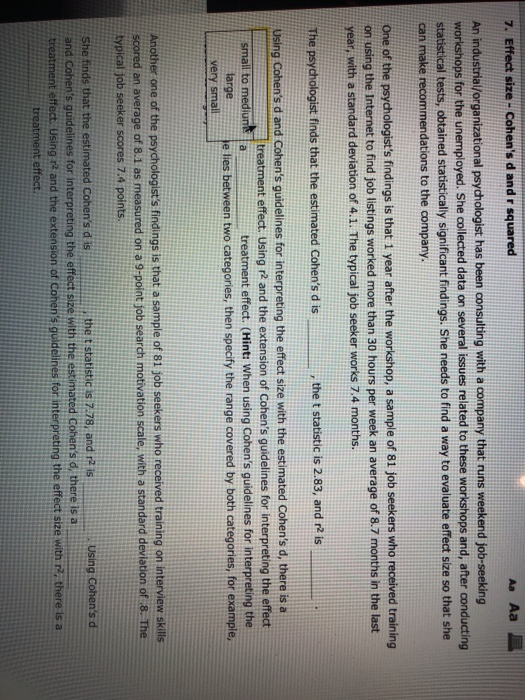 Solved 7. Effect size - Cohen's d and r squared Aa Aa An | Chegg.com