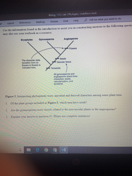 Biology V102 Lab 2 Phylogeny (AutoRecovered gn Layout | Chegg.com