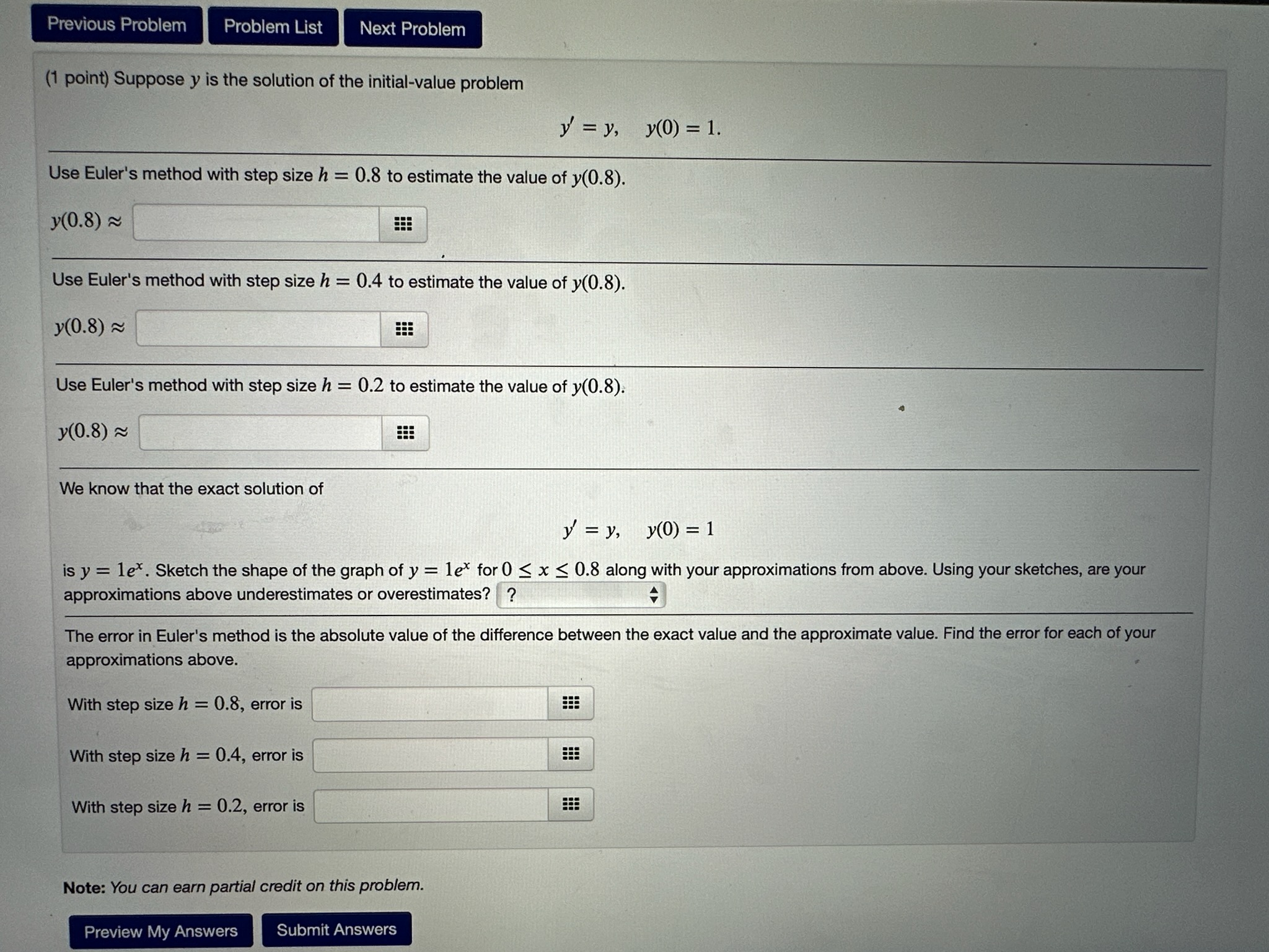 Solved (1 ﻿point) ﻿Suppose y ﻿is the solution of the | Chegg.com