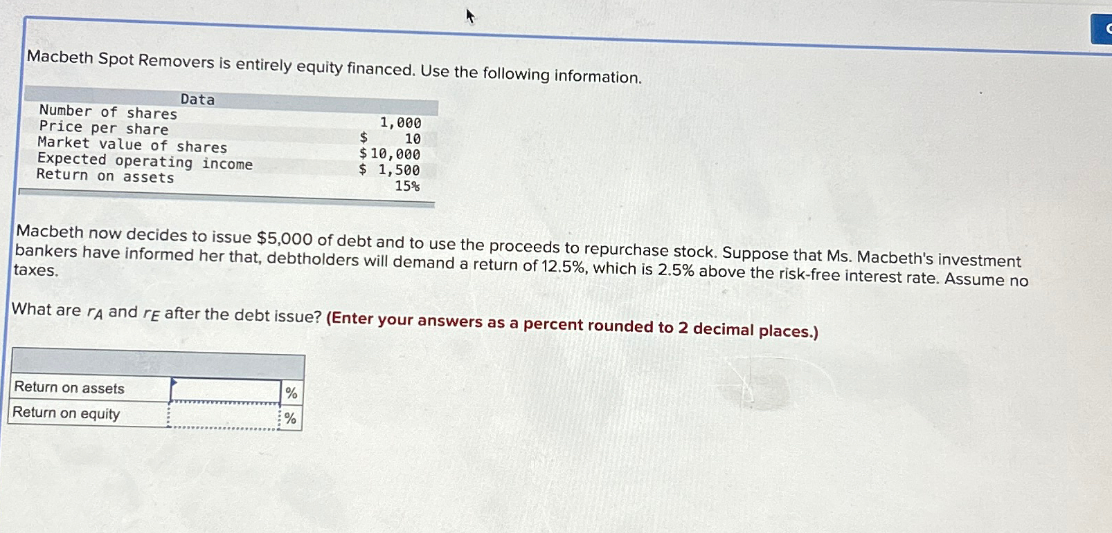 Solved Macbeth Spot Removers is entirely equity financed. | Chegg.com