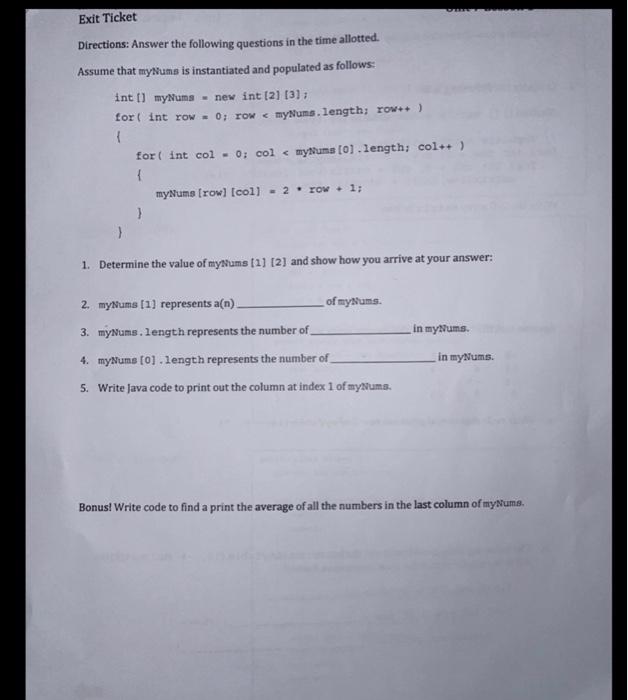 Solved Exit Ticket Directions Answer The Following