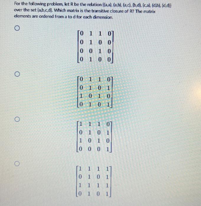 Solved For the following problem, let R be the relation | Chegg.com
