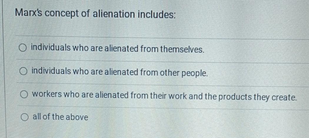 Solved Marx's concept of alienation includes: O individuals | Chegg.com