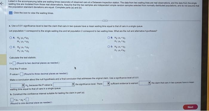 Solved Listed in the accompanying table are waiting times | Chegg.com
