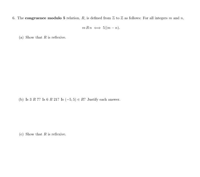 Solved The congruence modulo 5 relation, R, is defined from | Chegg.com