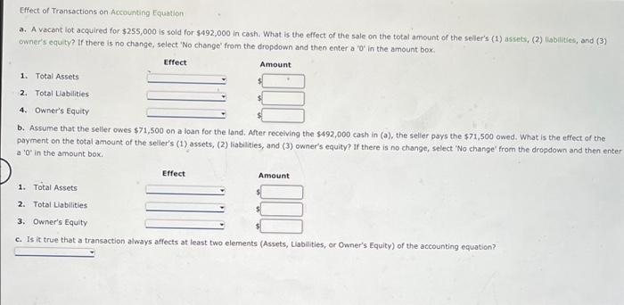 Solved Effect of Transactions on Accounting Equation a. A | Chegg.com