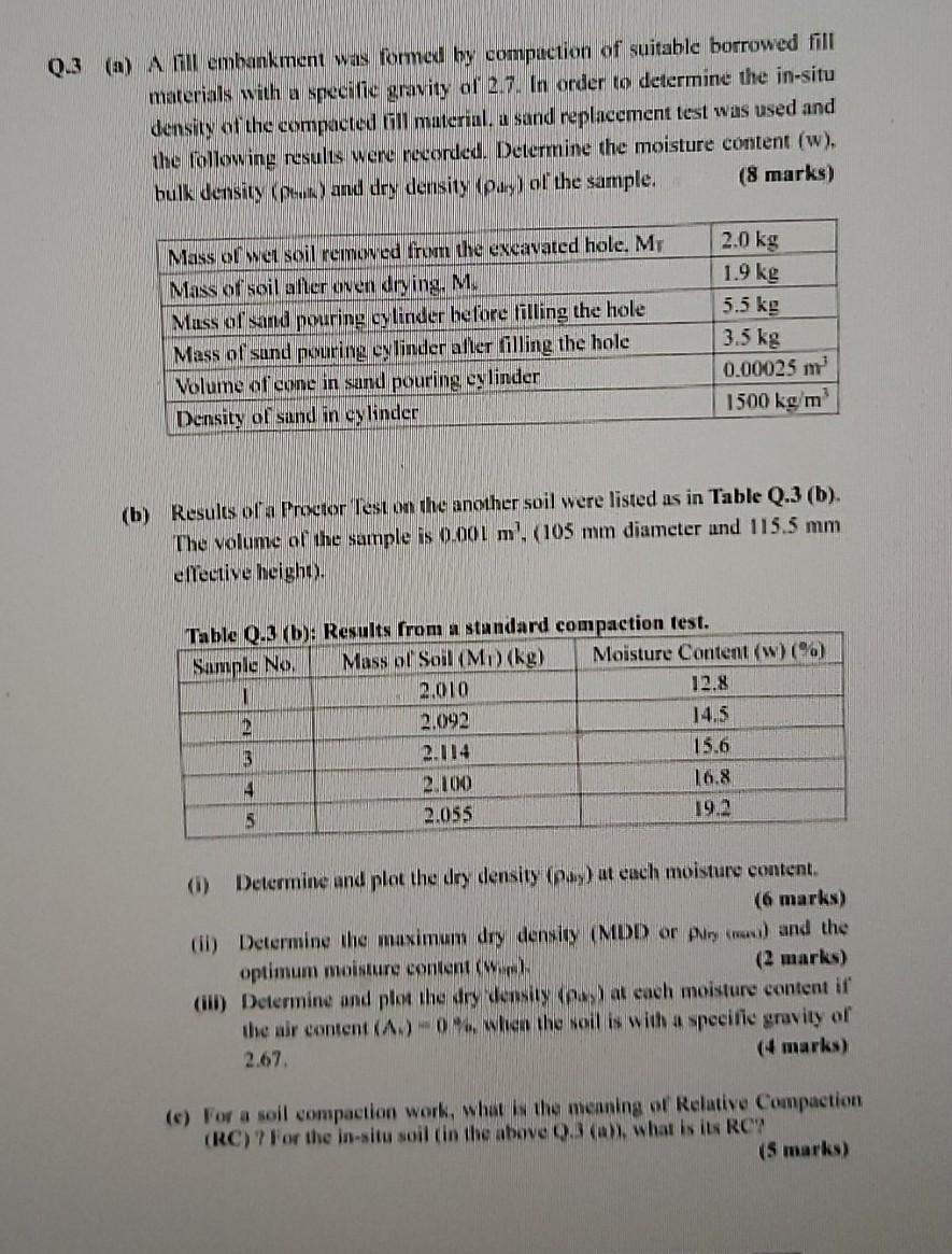 Solved Q.3 (a) A fill embankment was formed by compaction of | Chegg.com