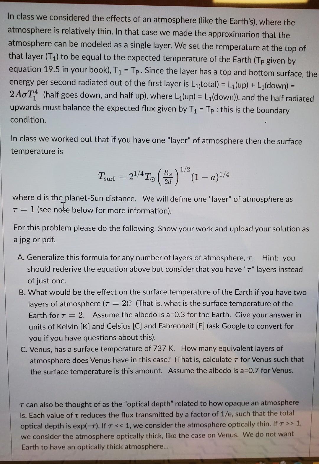 Solved In class we considered the effects of an atmosphere | Chegg.com