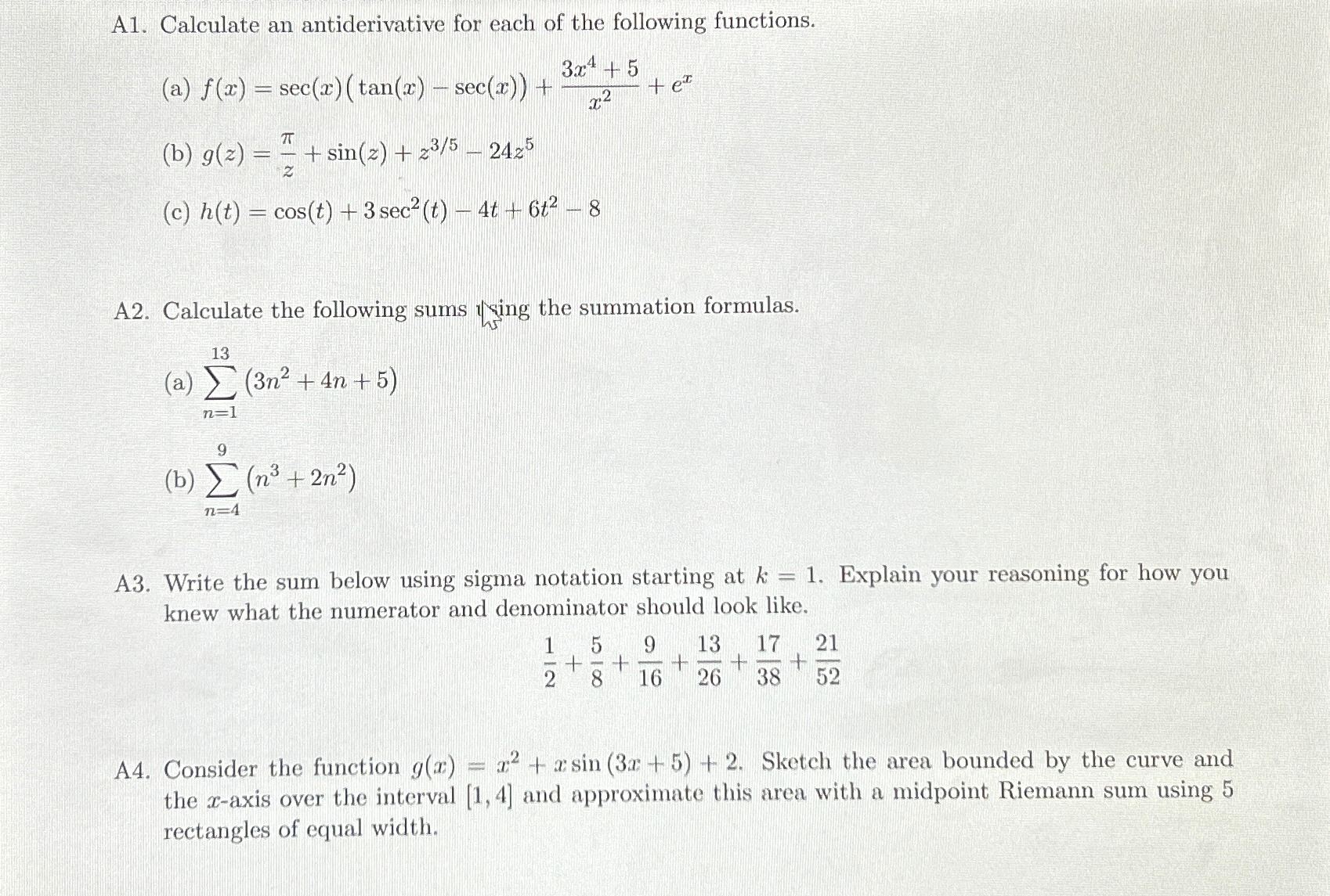 Solved A1. ﻿Calculate an antiderivative for each of the | Chegg.com