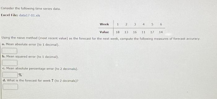 Solved Consider The Following Time Series Data Excel File