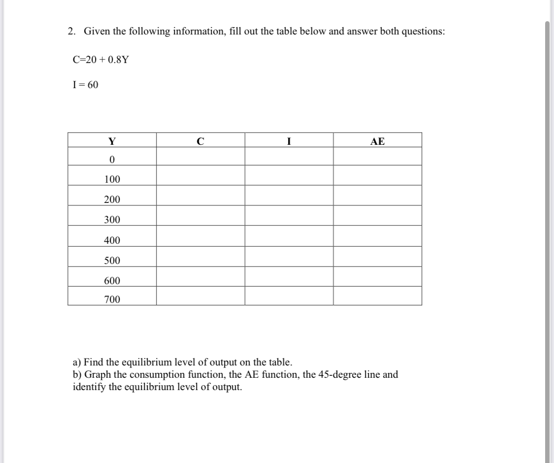 Given the following information, fill out the table | Chegg.com