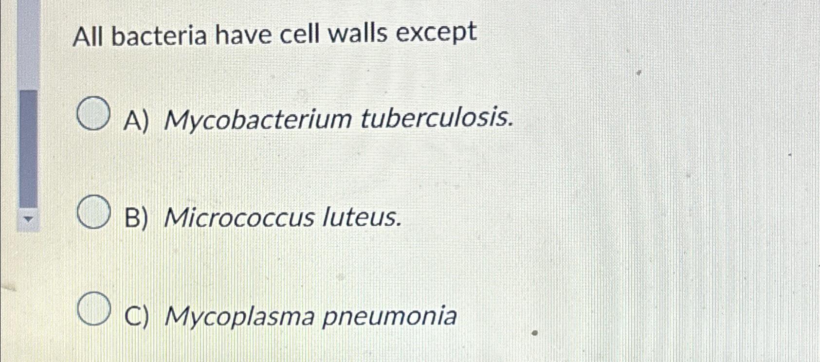 Solved All bacteria have cell walls exceptA) ﻿Mycobacterium | Chegg.com