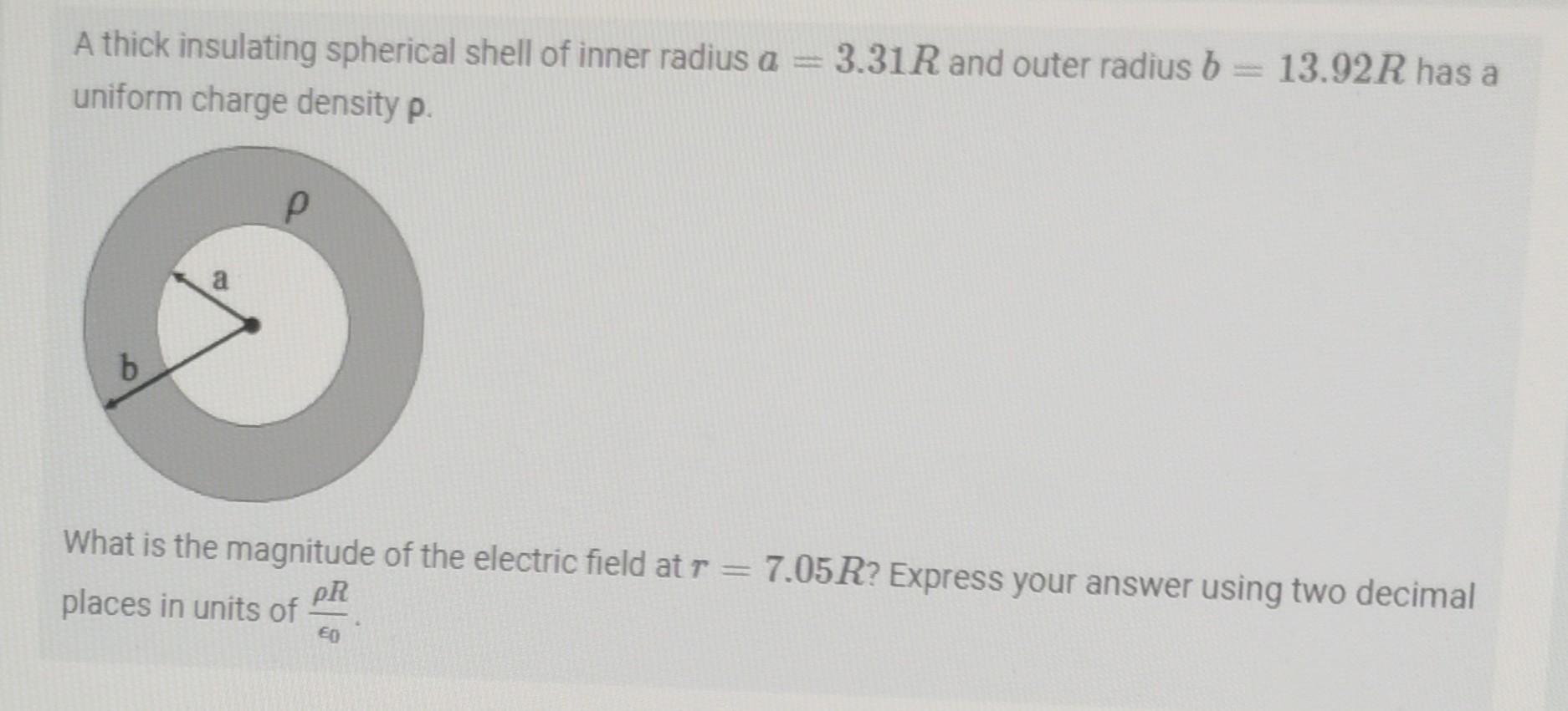 Solved A thick insulating spherical shell of inner radius | Chegg.com