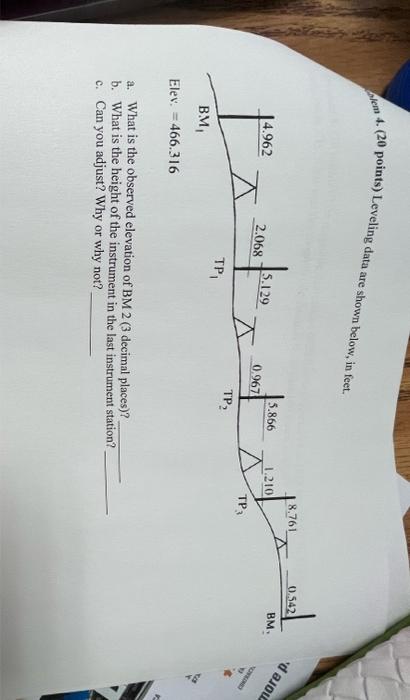 Solved fena 4. (20 points) Leveling data are shown below, in | Chegg.com