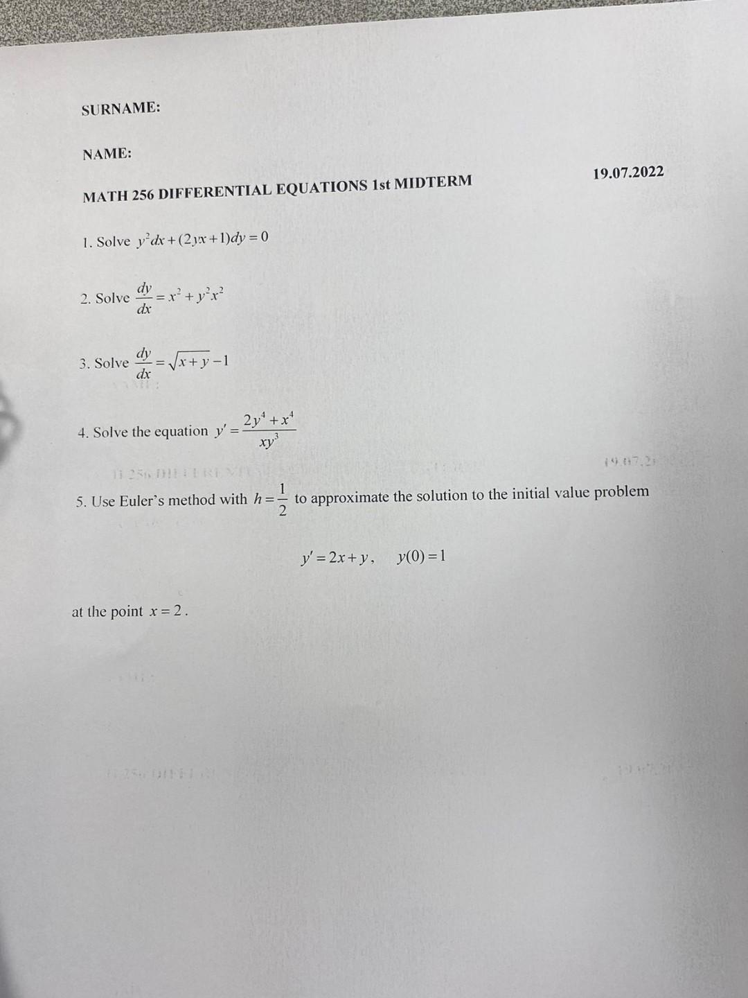 Solved SURNAME: NAME: MATH 256 DIFFERENTIAL EQUATIONS 1st | Chegg.com