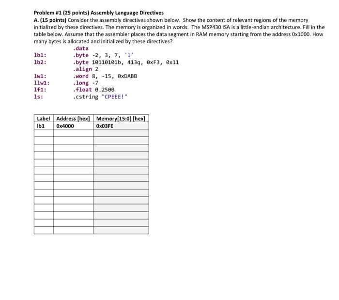 Solved Problem \#1 (25 points) Assembly Language Directives | Chegg.com