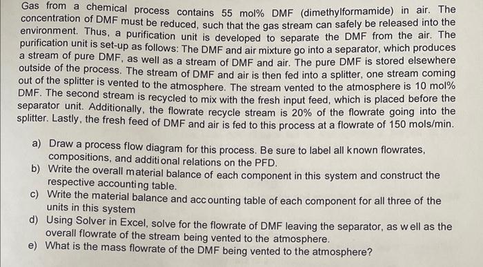 Solved Gas from a chemical process contains 55 mol% DMF | Chegg.com