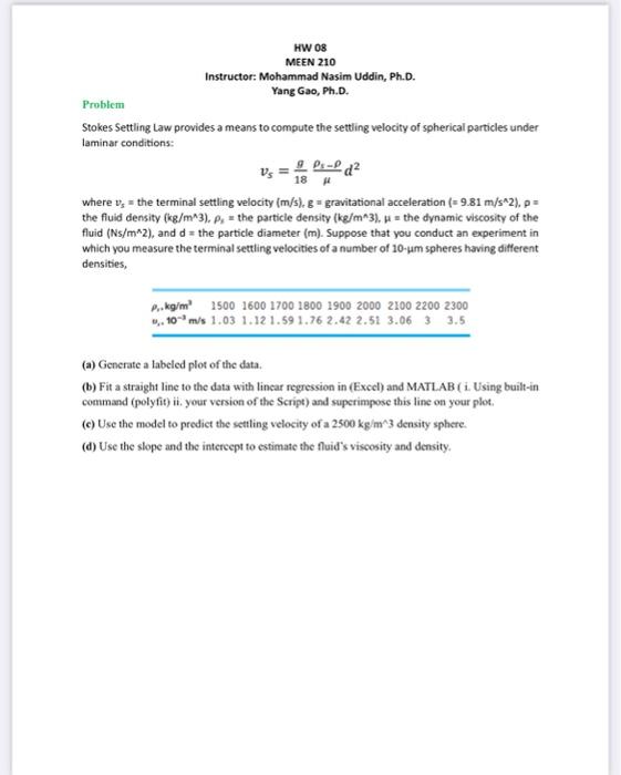 Solved Stokes Settling Law provides a means to compute the | Chegg.com