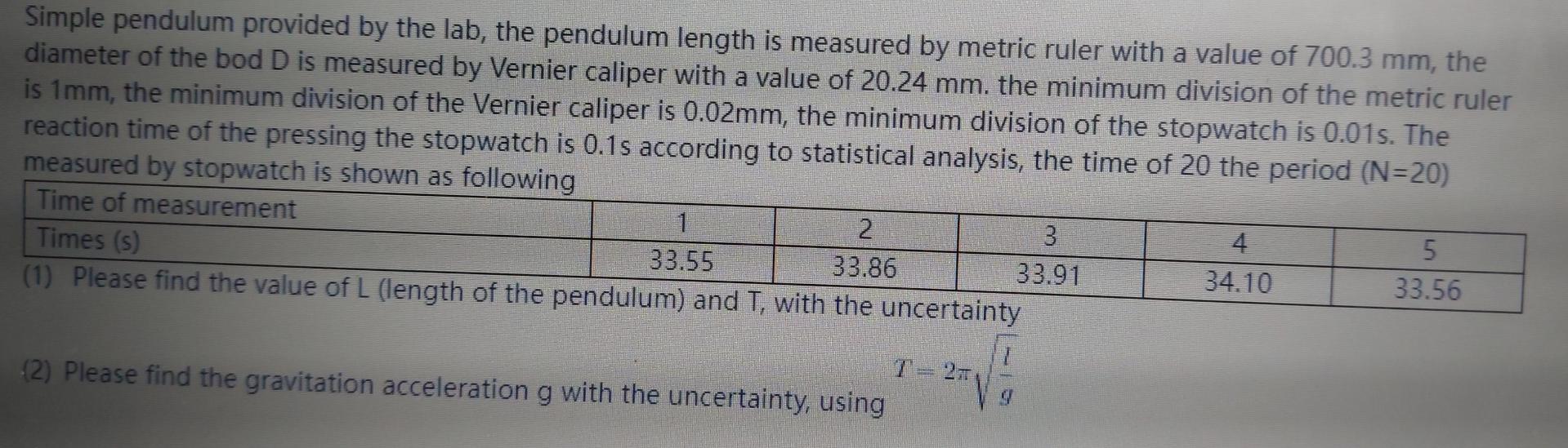 Solved a Simple pendulum provided by the lab, the pendulum | Chegg.com