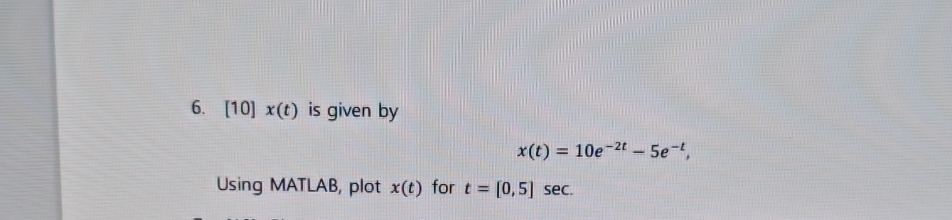 Solved [10] x(t) ﻿is given byx(t)=10e-2t-5e-tUsing MATLAB, | Chegg.com