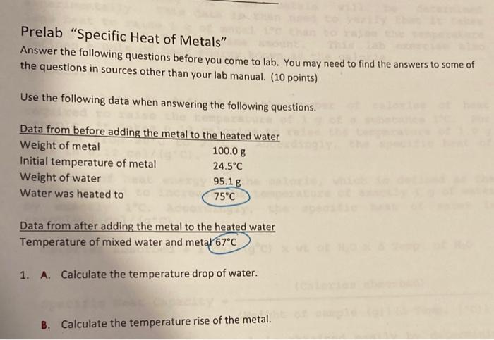 Solved Prelab "Specific Heat of Metals" Answer the following | Chegg.com