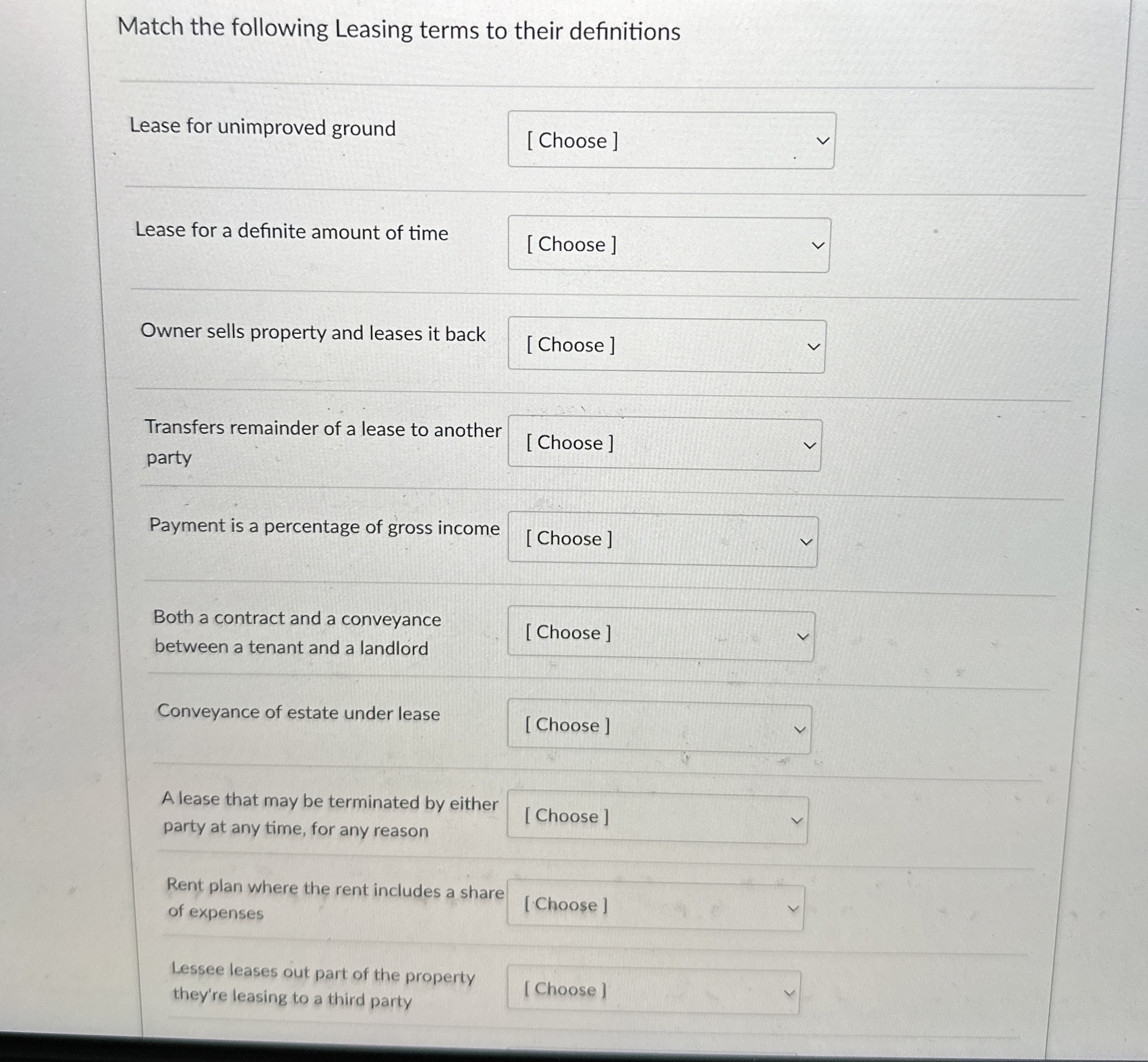 Solved Match the following Leasing terms to their | Chegg.com