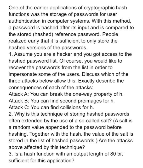 Solved One of the earlier applications of cryptographic hash | Chegg.com